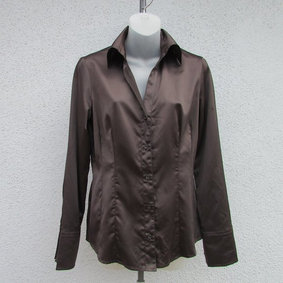 Sisley | Tops | Sisley Brown Stretch Satin Button Down Shirt M | Poshmark
